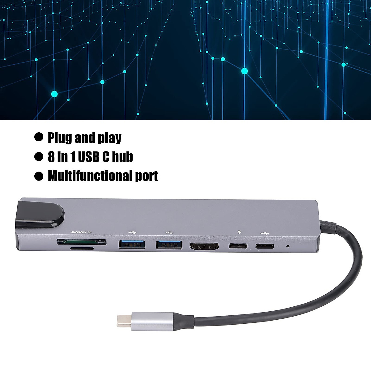 Multiport USB Hub, USB C Adapter 8 in 1 Wide Compatibility High Durability for Travel for Office for Home