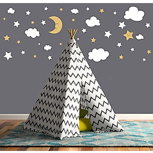 Crescent Moon Stars and Clouds Wall Decals Moon and Stars Nursery Wall Stickers Starry Sky Playroom Decor Kids Rooms Mural Kids Room Wall Art Y59 (White,Gold)