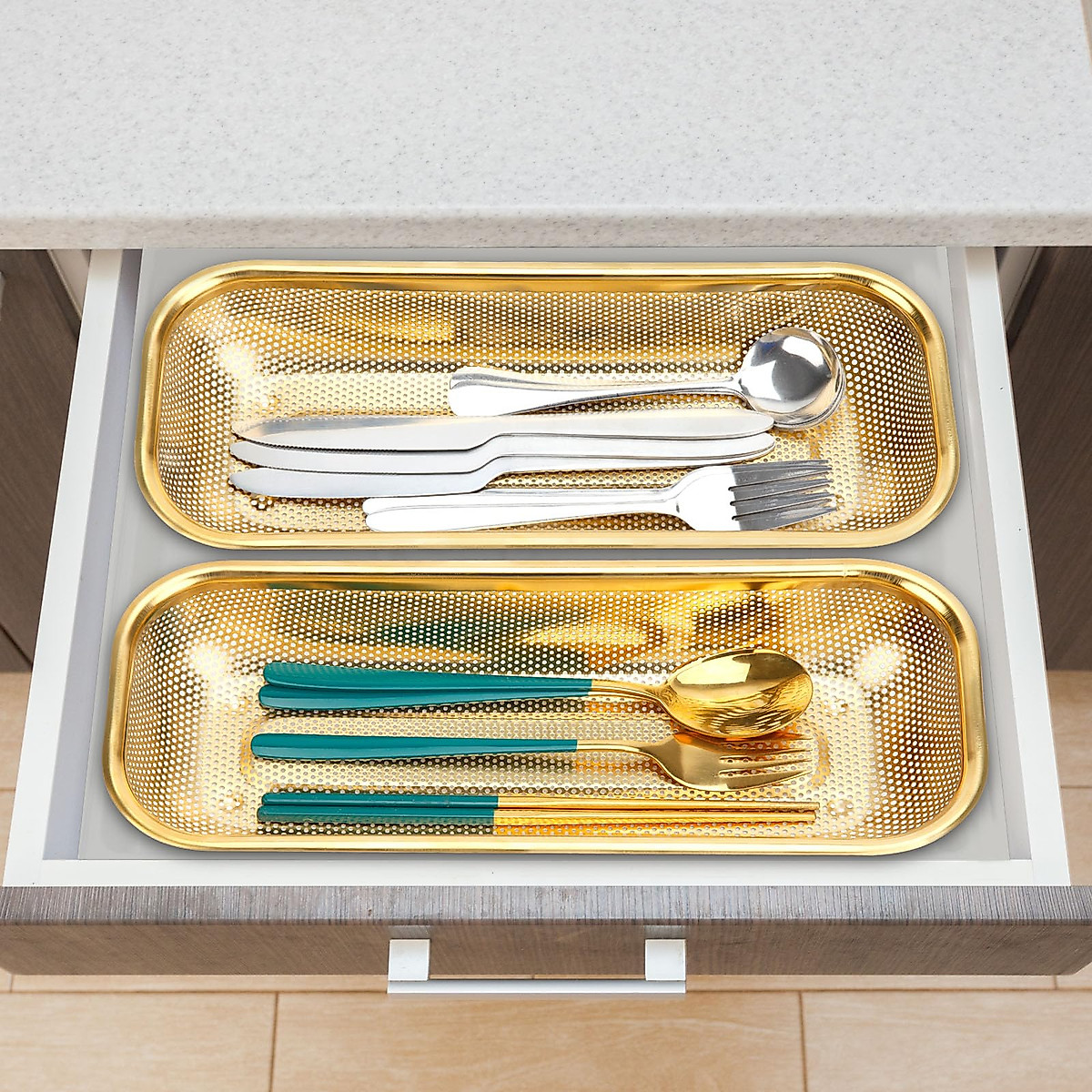 Snailhouse Silverware Organizer, 2 Pack Stainless Steel Utensil Cutlery Flatware Spoon Tray Organizer Holder Storage Box Case Divider for Kitchen Drawer, Gold