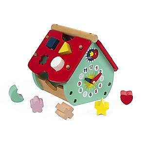 Janod Baby Forest House 2-in-1 Shape Sorter and Tell Time Clock - Ages 18 Months+ - J08008
