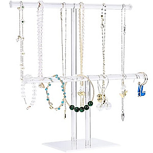 Jewelry Stand Necklace Holder, Acrylic Jewelry Display Holder, Necklace and Bracelet Hanging Organizer, Clear 2-Tier Tower Stand for Bangles, Necklaces, Bracelets, Rings, Earrings and Watch