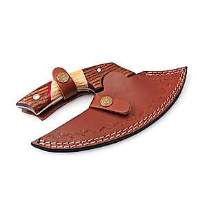 Bushcraft Custom Handmade Damascus Steel Ulu Knife - Best Alaskan Damascus Ulu Knife With Sheath - Multi-Purpose Damascus Knives For Skinning, Hunting, Chopping, (Rose Wood & Olive)