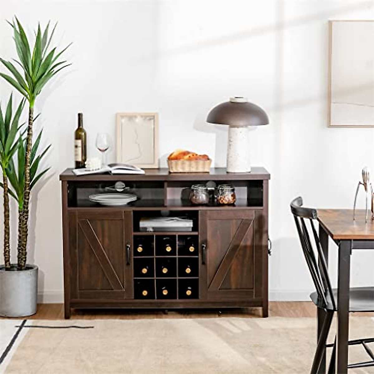 SEASD Buffet Storage Cabinet Farmhouse Sideboard with 9 Bottle Wine Rack and 2 Door Cabinets