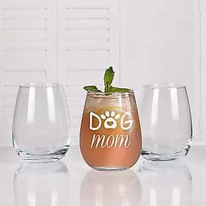 Dog Mom Funny Stemless Wine Glass 15Oz for Women, Dog Lover, Mom, Mother, Wife from Daughter Son Husband