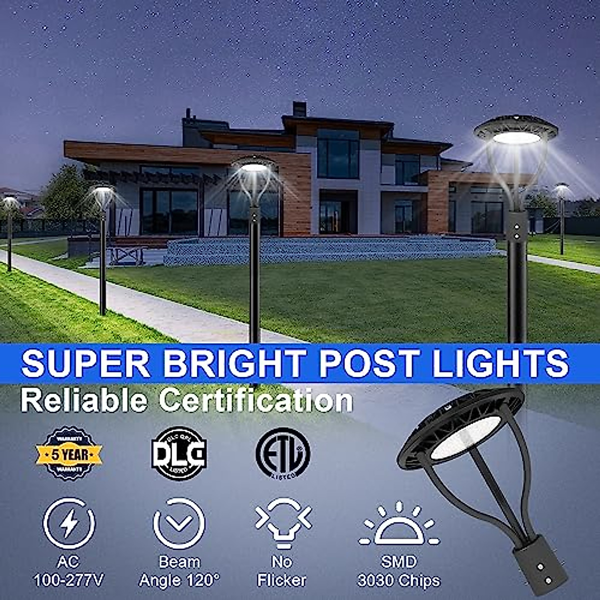 LED Post Top Light with Dusk to Dawn Photocell,80W/100W/120W/150W Power Tunable,3CCT 3000K-4000K-5000K,Outdoor Post Light LED Circular Pole Light,for Parking Lot Garden Lighting,IP65 DLC&ETL Listed