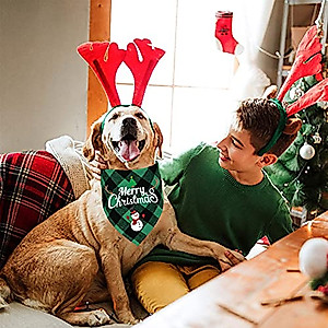 STMK 2 Pack Christmas Plaid Dog Bandanas, Merry Christmas Holiday Plaid Dog Bandanas for Large Medium Dog Christmas Costume Decorations (Red & Green, Santa & Snowman)