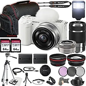 Sony ZV-E10 Mirrorless Camera (White) w/E PZ 16-50mm f/3.5-5.6 OSS Lens + E 55-210mm f/4.5-6.3 OSS Lens + 2X 64GB Memory + Case + Filters + Tripod & More (35pc Bundle)