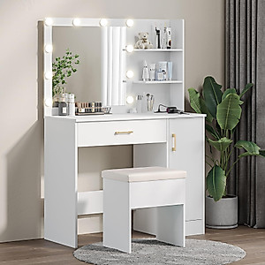 WAYES Makeup Vanity Set with Lighted Mirror, Charging Station, and Storage Stool - 3-Foot Vanity Desk for Bedroom, White