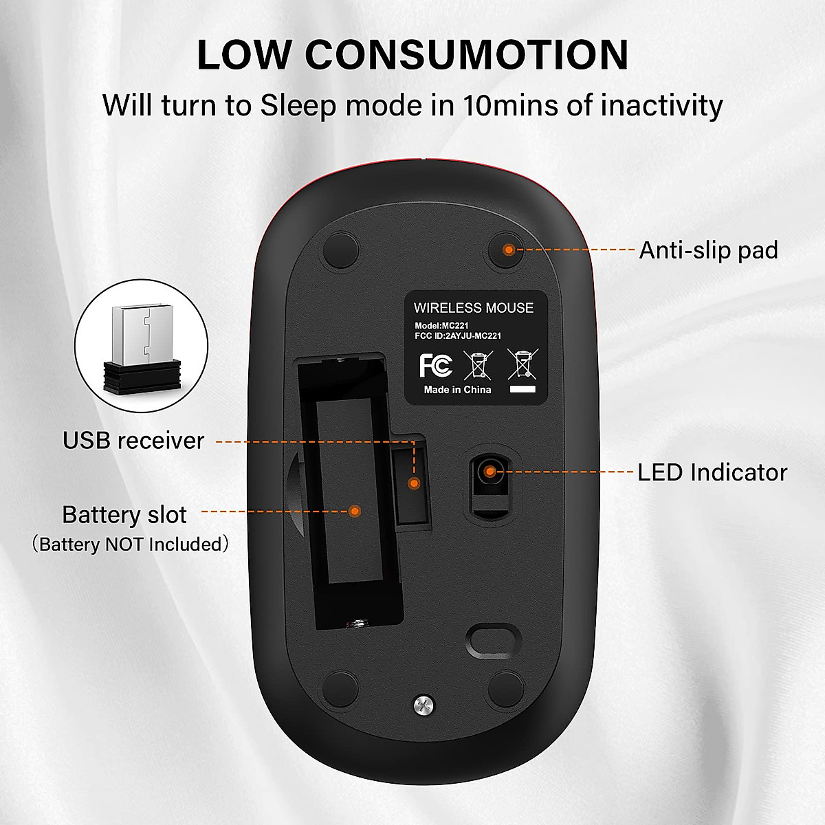 FENISIO Wireless Mouse, 2.4G Optical Cordless Mouse with USB Receiver Ultra Silent Ergonomic LED Mouse, AA Battery Operated, Computer Mouse for PC, Laptop, Desktop, MacBook, Windows (Red)