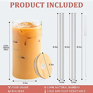 Glass Cups with Lids and Straws, 26oz Borosilicate Glass Tumbler with Straws and Bamboo Lids Reusable Clear Iced Coffee Cups for Coffee Milk Tea Juice DIY Drinks Coffee Bar Accessories- 2 Pack
