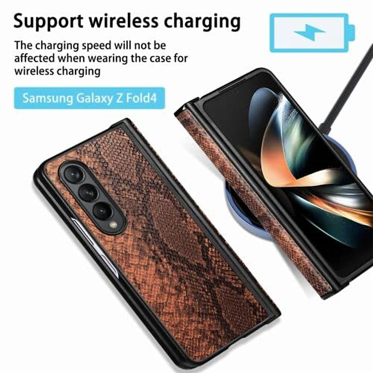 Python Skin Pattern Case for Samsung Galaxy Z Fold 4, Hinged Protection Case Compatible with Wireless Charging, Shockproof Anti-Scratch Protective Cover Case for Samsung Galaxy Z Fold 4 5G(Brown)