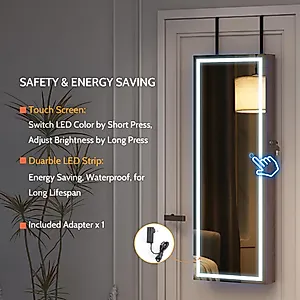 LVSOMT LED Wall/Door Mounted Jewelry Cabinet Armoire, Full Length Mirror with Lights, Lockable Storage Organizer, Over the Door Hanging Dressing Body Mirror (Wood)