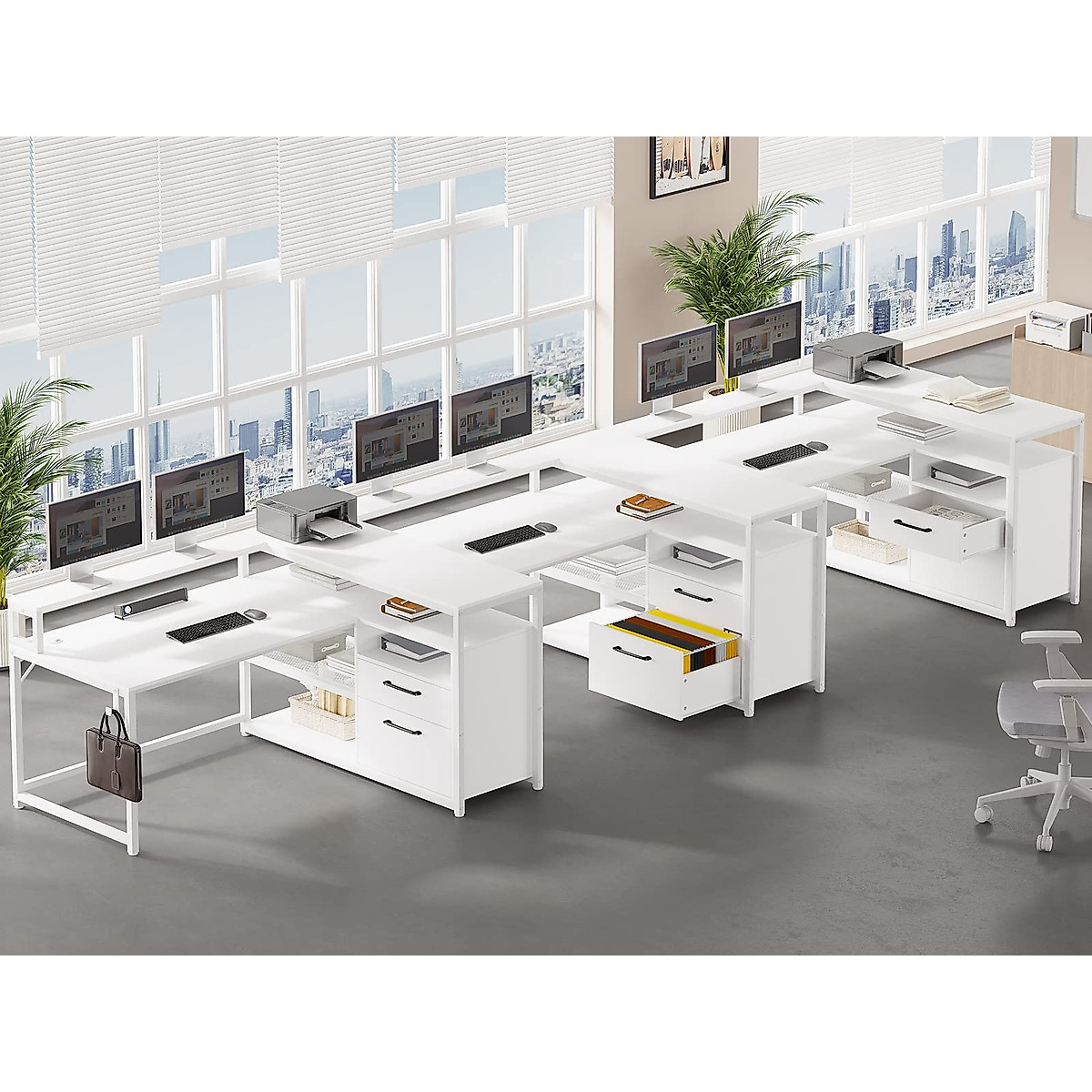 SEDETA White Computer Desk with Drawers, 55" Home Office Desk with File Drawer and Storage Shelves, L Shaped Gaming Desk with LED Lights and Monitor Shelf