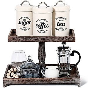 Farmhouse Tiered Tray Stand Rustic Wood Tiered Tray Decor Holder Farmhouse Wooden Tiered Tray Decorative 2 Tier Rectangular Tray Serving Farmhouse Two Tiered Stand for Home Kitchen Cake (Brown)