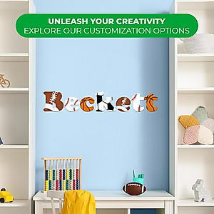 EGD Custom Name with Initial and Sports Balls Design Wall Decal I Soccer Baseball Basketball Football Wall Art Decor I Nursery Wall Stickers I Home Nursery Decoration (Wide 40" (Shown) (Large))