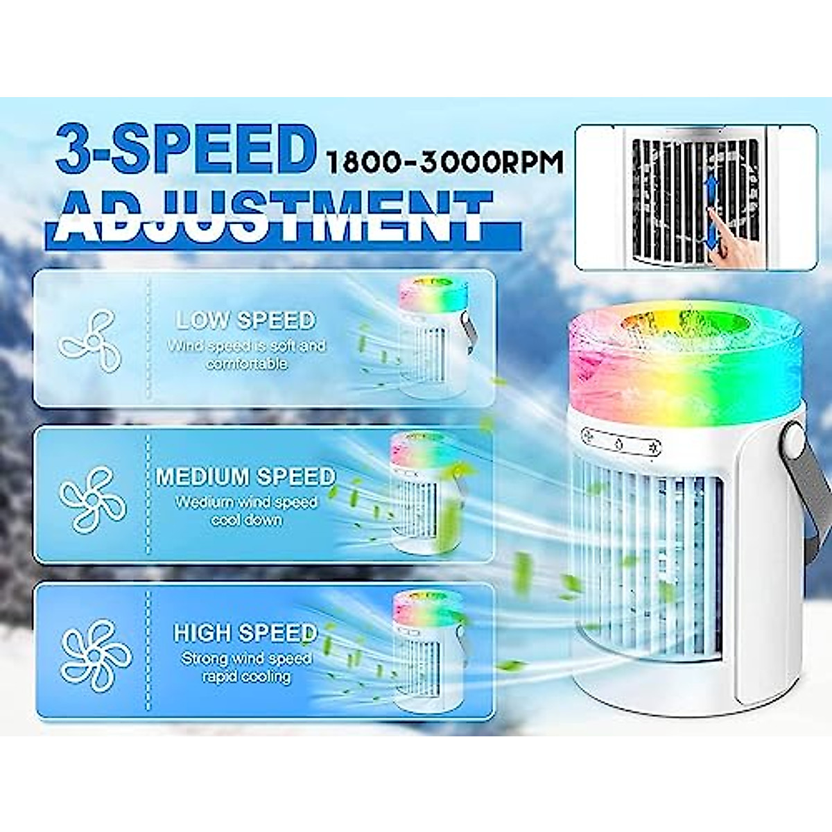 Portable Air Conditioners Fan, Evaporative Mini Air Cooler with 3 Speeds 7 Colors, Misting Humidifier Personal Air Cooler Touch Screen Desktop Cooling Fan with Large Water Tank for Home Room Office