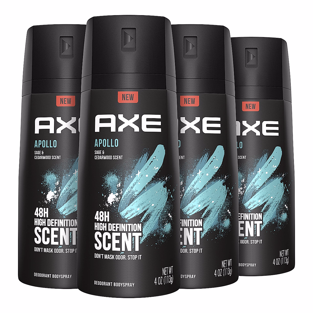 AXE Apollo Body Spray Deodorant for Long-Lasting Odor Protection, Sage & Cedarwood Deodorant for Men Formulated Without Aluminum 4 Ounce (Pack of 4)