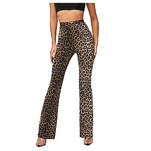 WDIRARA Women's Elastic High Waist Leopard Print Flare Leg Casual Long Pants Brown Animal XL