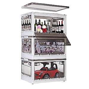 haomsj 3 PCS Folding Storage Box with Lid for Organization, 25QT Stackable Storage Box with Wheels, Five-door Folding Plastic Containers for Ornament, Books