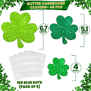45 Pieces, Shamrock Cutouts for Shamrock Decorations - Green Glitter, St Patricks Day Cutouts | St Patricks Day Decorations, St. Patricks Day Bulletin Board Decorations | St Patricks Day Wall Decor