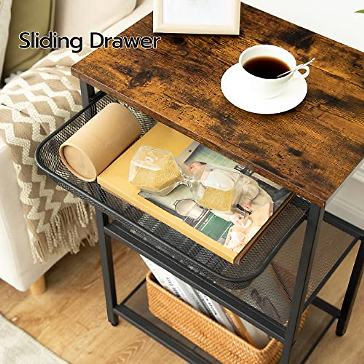 HOOBRO Tall Side Table, Industrial End Table with Adjustable Metal Mesh Basket, Telephone Table with Storage Shelf for in Bedroom, Living Room, Hallway, Easy Assembly, Rustic Brown BF02DH01