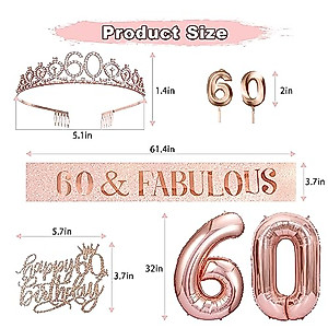 60th Birthday Gifts for Women Rose Gold, 60 Years Old Birthday Tiara, Sash, Balloons, Cake Topper, Candle and Glasses for 60th Birthday Party Decoration, 6 PCS