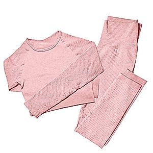 MAYROUND Women 2 Pieces Yoga Workout Outfit Ribbed Seamless Leggings and Long Sleeve Crop Top Set Exercise Clothes