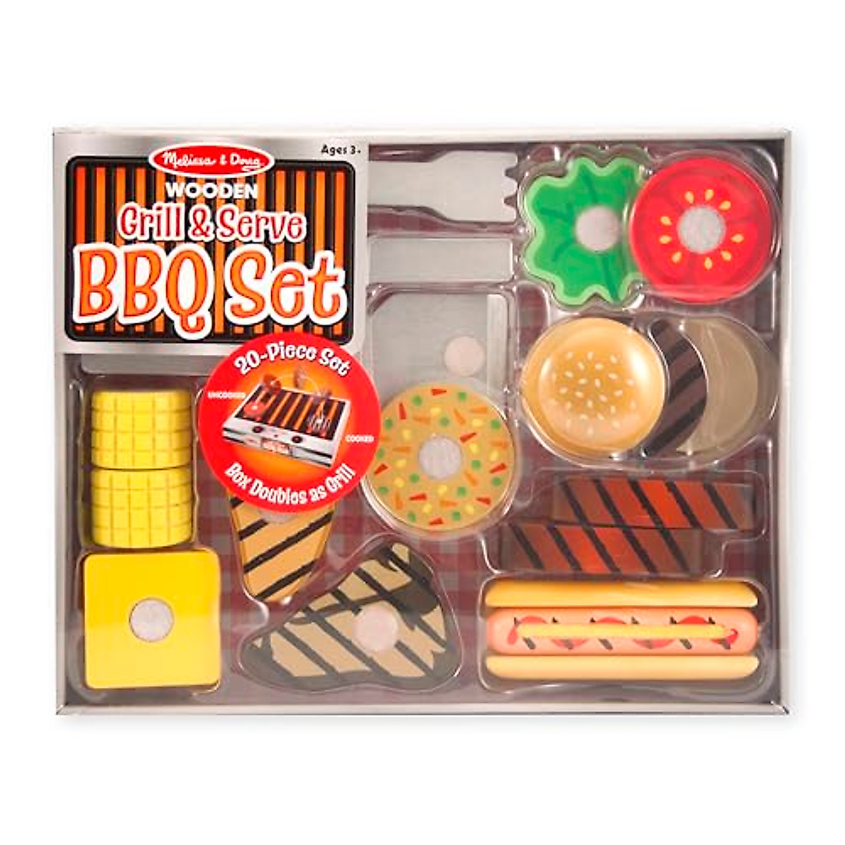 Melissa & Doug Grill and Serve BBQ Set (20 pcs) - Wooden Play Food and Accessories