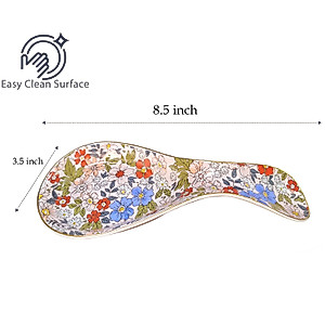 LEAZUL Ceramic Spoon Rest for Stove Top Large Spoon Holder Farmhouse Spoon Rest for Kitchen Counter Floral Coffee Spoon Rest Flowers Print Cooking Utensil Tools Rest Modern Farmhouse Kitchen Decor