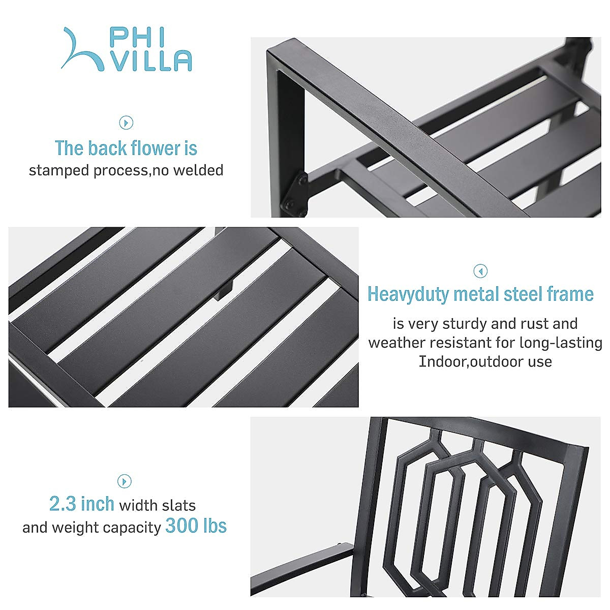 PHI VILLA Metal Outdoor Patio Bistro Set 3 Piece Dining Furniture - Black