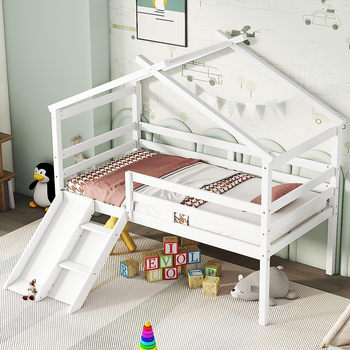 Bekeknlny Twin Low House Bed for Kids with Slide, Ladder, Safety Guardrails, Modern Wood Loft Bed for Boys Girls, No Box Spring Needed (White/House*L, Twin)