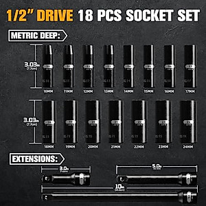 PGROUP 18-Piece 1/2 Inch Drive Deep Impact Socket Set, Standard 6 Point Metric Sizes (10mm - 24mm), Cr-V Steel, with 3", 5", and 10" Impact Extension Bars and Heavy Duty Storage Case