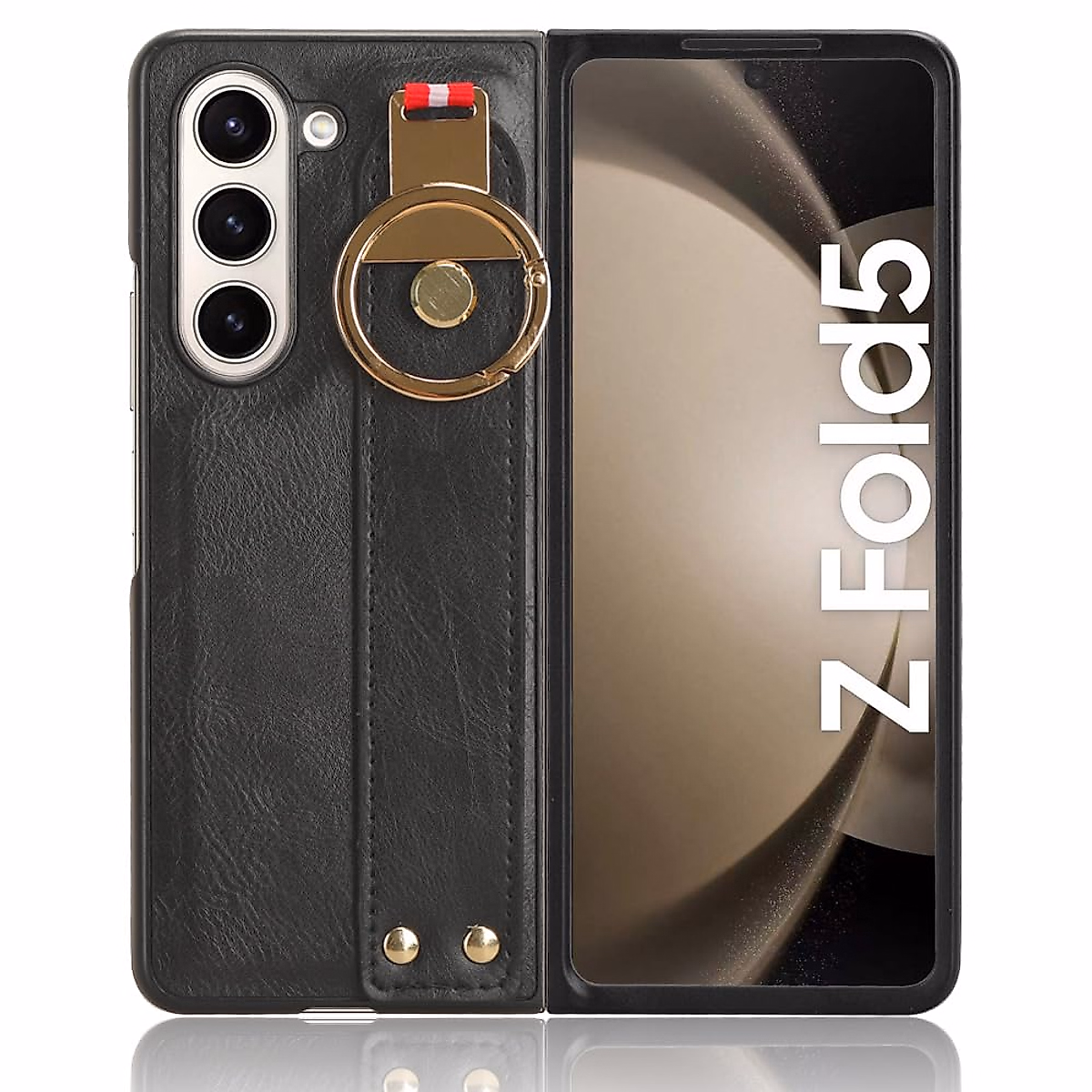 Futanwei for Samsung Galaxy Z Fold5 Case with Wrist Strap Grip Holder Kickstand, Galaxy Z Fold 5 5G Phone Case, [Hard PC + PU Leather] Full Body Shockproof Protective Case Cover for Women Girls, Black