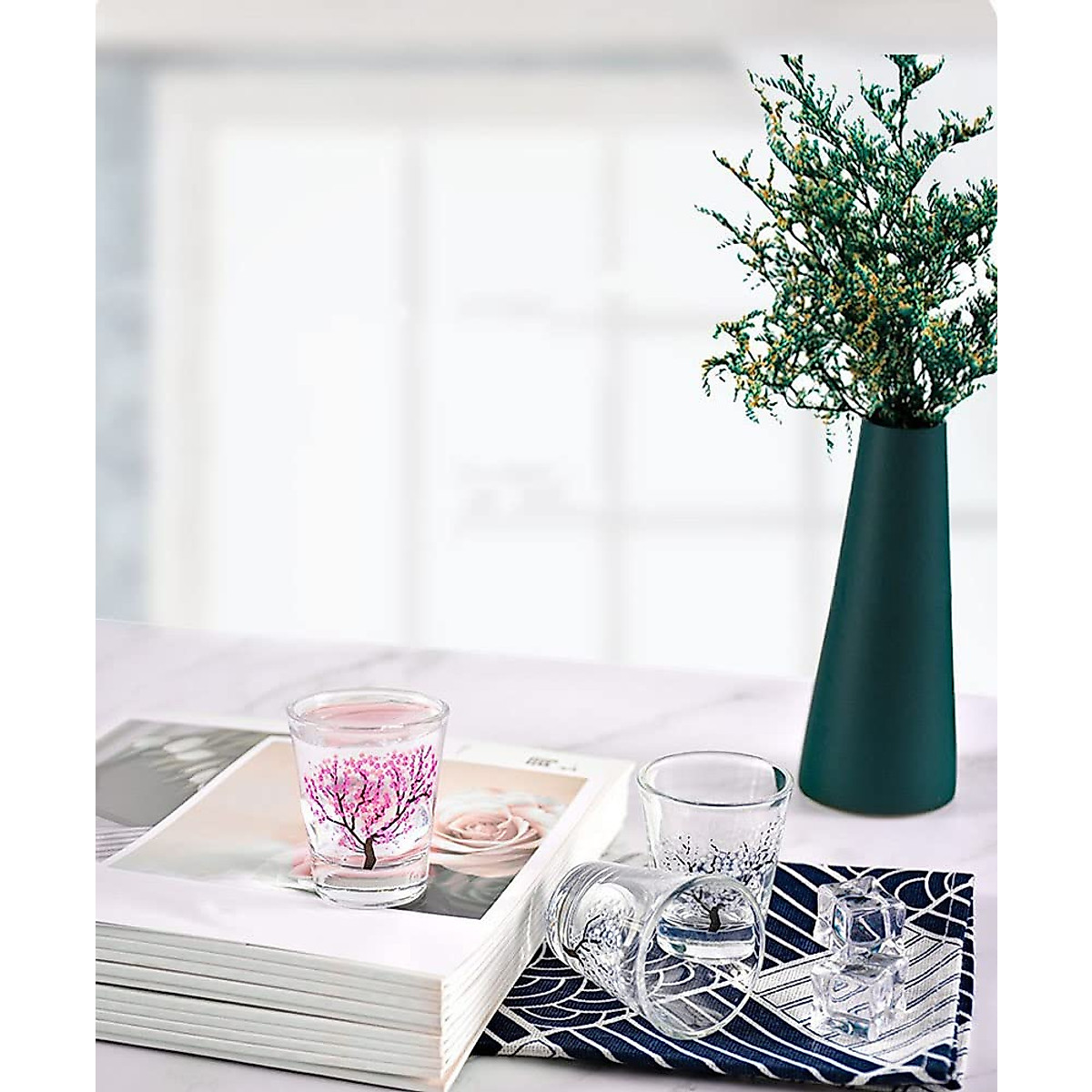 APROFAMILY Emotional Korean Soju Glass Cup with Changing Cherry Blossom Color 4pcs Set Whiskey, tequila, sake, and other alcoholic beverages are available (SOJU(4PCS))
