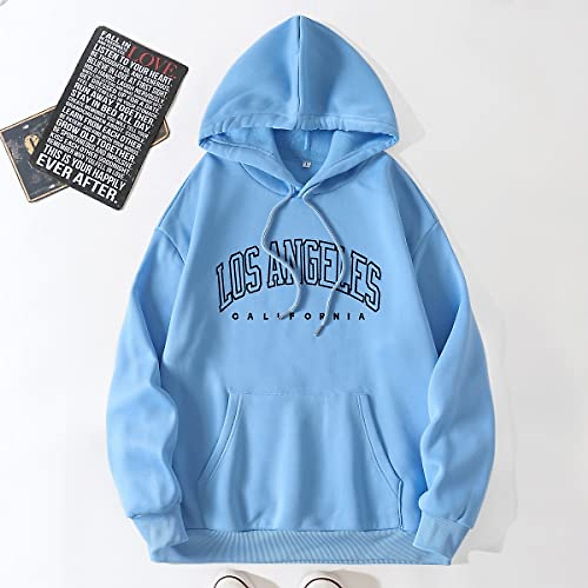 Cozyease Men's Oversized Letter Graphic Drawstring Casual Hoodies Long Sleeve Vintage Street Hoodie Sweatshirts Blue L