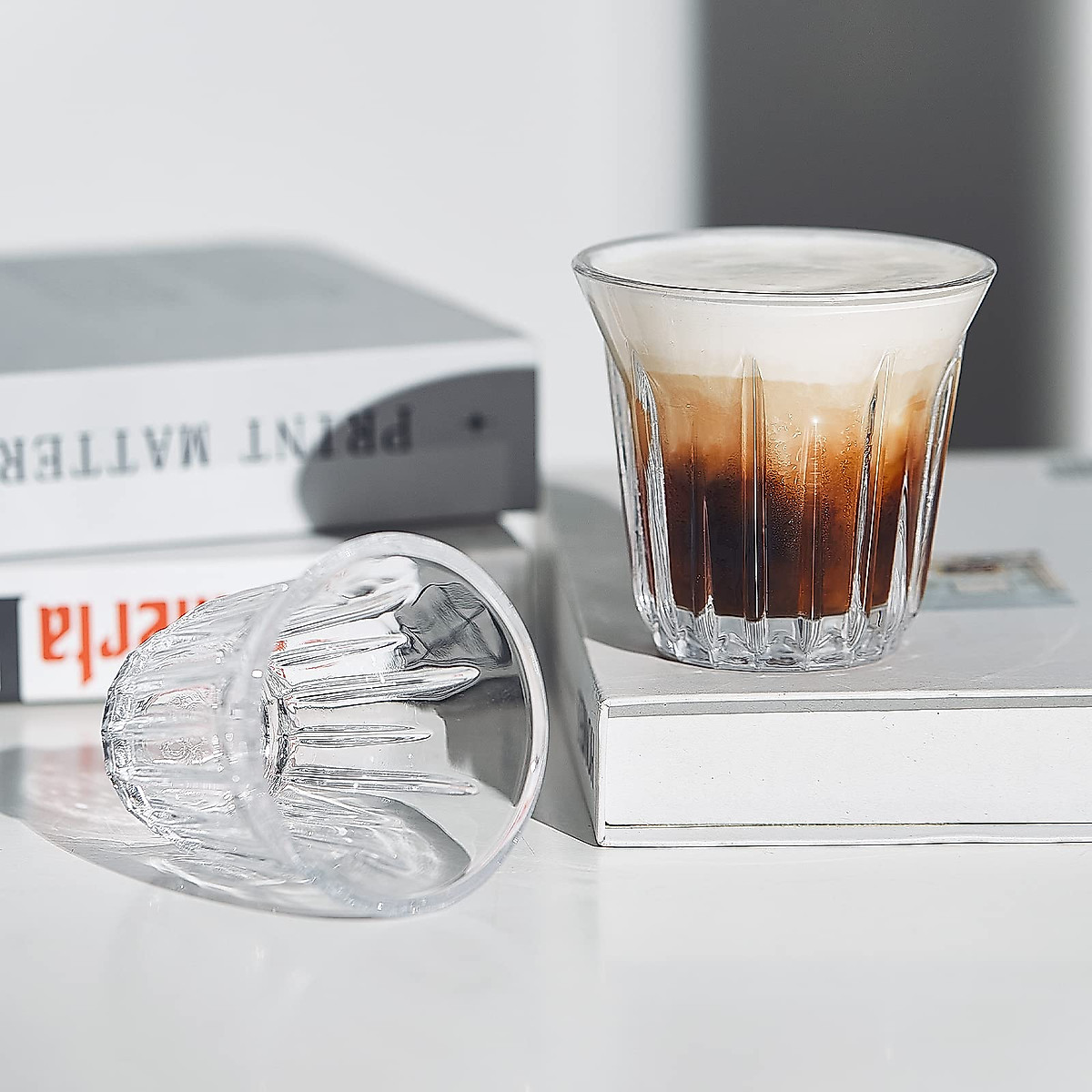 Bincoo Glass Coffee Mug Set 2x90ML, Clear Glass Coffee Mugs with Wooden Coasters, Coffee, Cappuccino, Latte, Espresso Glass Cup Heat Resistant