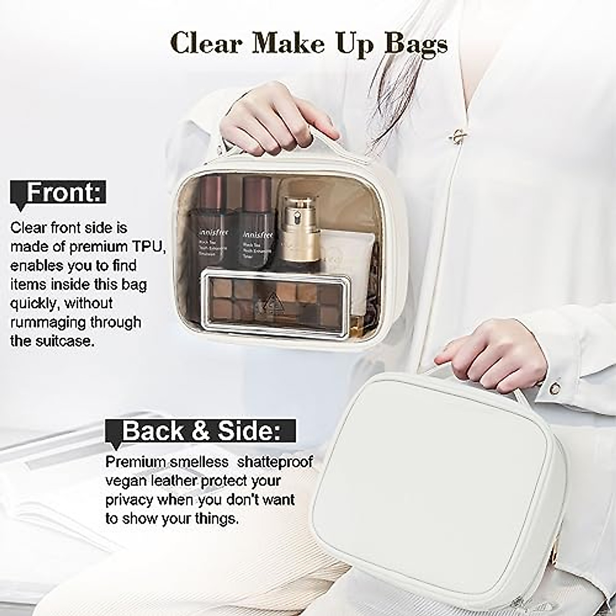 Hibagg Travel Toiletry Bags TSA Approved, 2PCS Clear Makeup Bags Set, Cosmetics Organizer Wide Open, Carry On Travel Essentials for Women Men with Gift Box, White