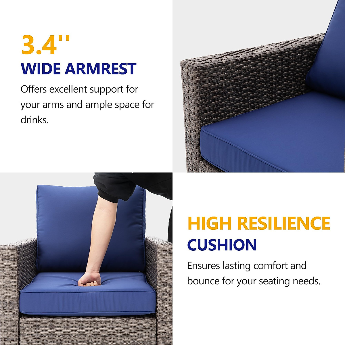 RoyalCraft 4 Piece Outdoor Patio Furniture Set, All-Weather Rattan Wicker Sectional Sofa Set with Glass Coffee Table, Outdoor Conversation Set for Balcony Backyard Porch, Blue Cushion