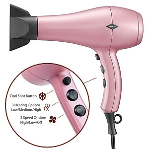NITION Negative Ions Ceramic Hair Dryer with Diffuser (Large Size 5.3 inch) Attachment,Ionic Blow Dryer Quick Drying,1875 Watt 2 Speed / 3 Heat Settings,Cool Shot Button,Lightweight,Rose Pink