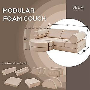 jela Kids Couch 14PCS Luxury, Floor Furniture for Adults, Playhouse Play Set for Toddlers Babies, Foam Modular Sectional Sofa (Sand Beige, 57"x28"x18")