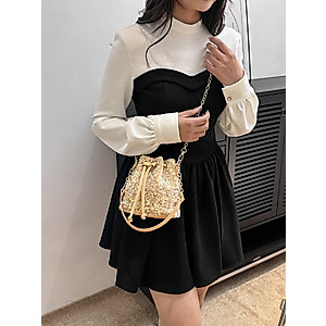 Verdusa Women's Sequin Drawstring Bucket Bags Glitter Crossbody Handbag Mini Purse Khaki one-size