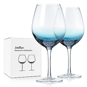 Joeyan Handmade Blue Crackle Wine Glasses,Large Crystal Burgundy Wine Glass Cup with Stem,Red White Wine Goblet Tumbler,Aesthetics Glassware Collection,Set of 2,21 oz