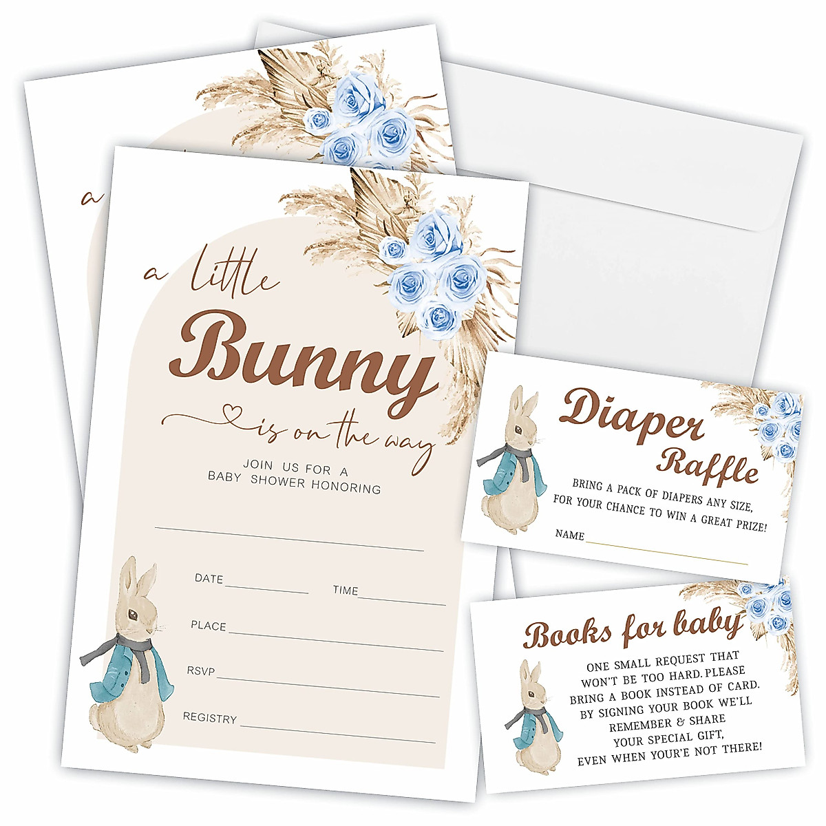 JCVUK Set of 25 Baby Shower Invitations with Envelopes, Diaper Raffle Tickets and Baby Shower Book Request Cards,Purple Boho Bunny Theme Babyshower Party For Boys or Girls(YQKTZ-B05)