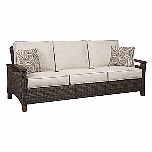 Signature Design by Ashley Paradise Trail Outdoor Patio Sofa with Cushion and 2 Pillows, Brown & Beige