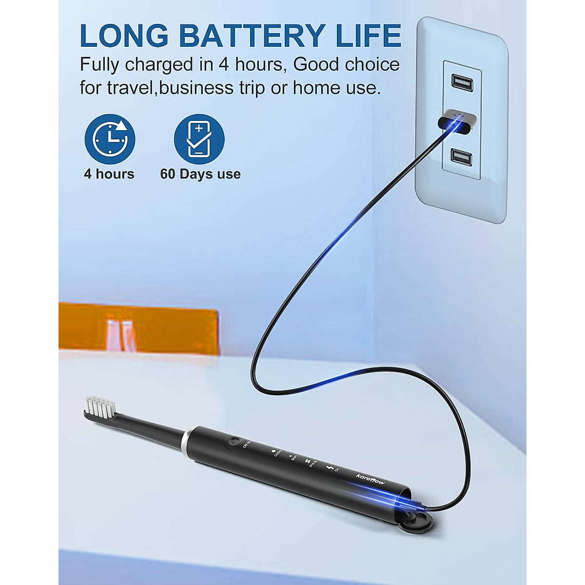 Electric Toothbrush with 6 Brush Heads - Travel Rechargeable Electric Power Toothbrushes, IPX7 Waterproof 2 Minutes Smart Timer, 4 Hours Fast Charge for 60 Days