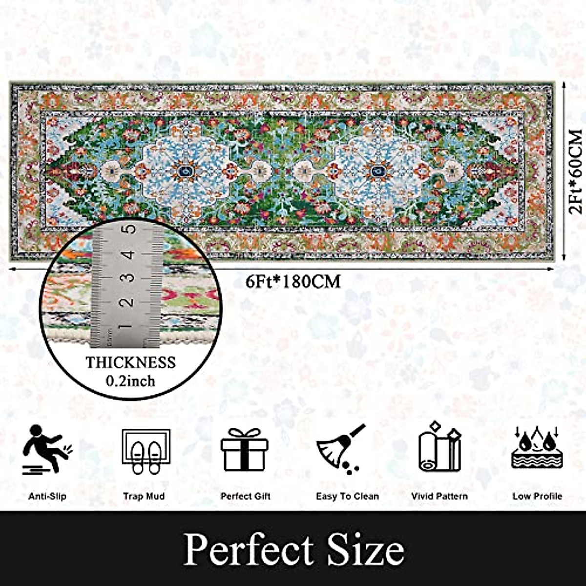 U'Artlines Boho Hallway Runner Rug 2' x 6' Vintage Farmhouse Laundry Rug Runner Accent Area Rug Carpet Non Slip Washable Kitchen Rug Entryway Runner Mat Throw Rug for Living Room (Green)