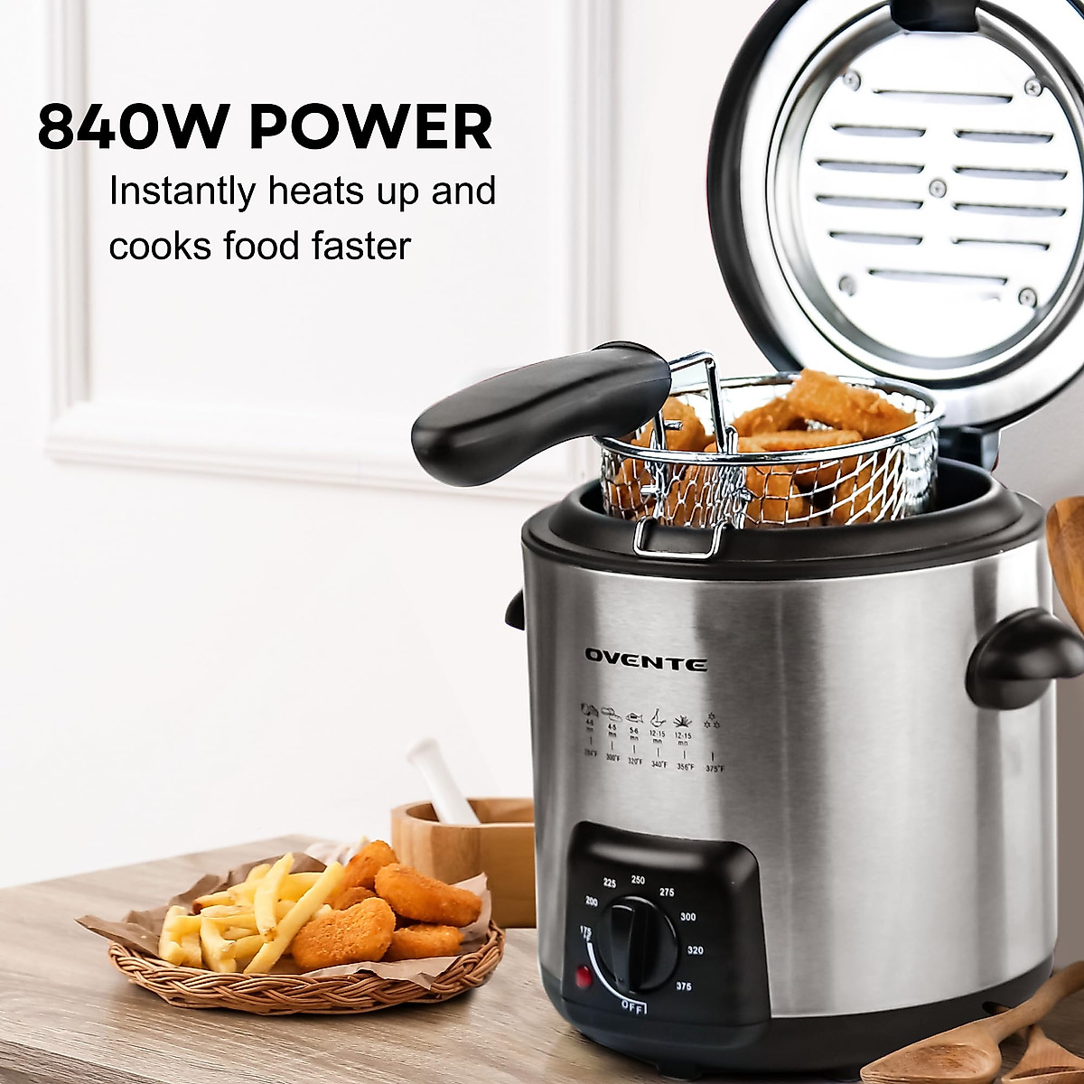 OVENTE Electric Deep Fryer 0.9 Liter Capacity, 840W Power with Locking Lid, Removable Stainless Steel Frying Basket, Adjustable Temperature Knob, Cool Touch Handles and Easy to Clean, Silver FDM1091BR
