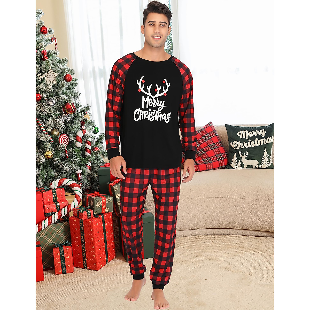 SWOMOG Christmas Matching Couple Pajamas Sets Family Xmas Jammies Casual Long-Sleeve Sleepwear Sets Festival PJ Set Women and Men Merry Chrismas Large