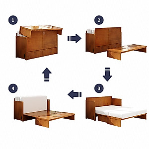 ijuicy Murphy Bed Queen, Cube Cabinet Bed with 3 Level Foldable Memory Foam Mattress, Space-Saving Folding Bed with Charging Station for Bedroom(Cherry)