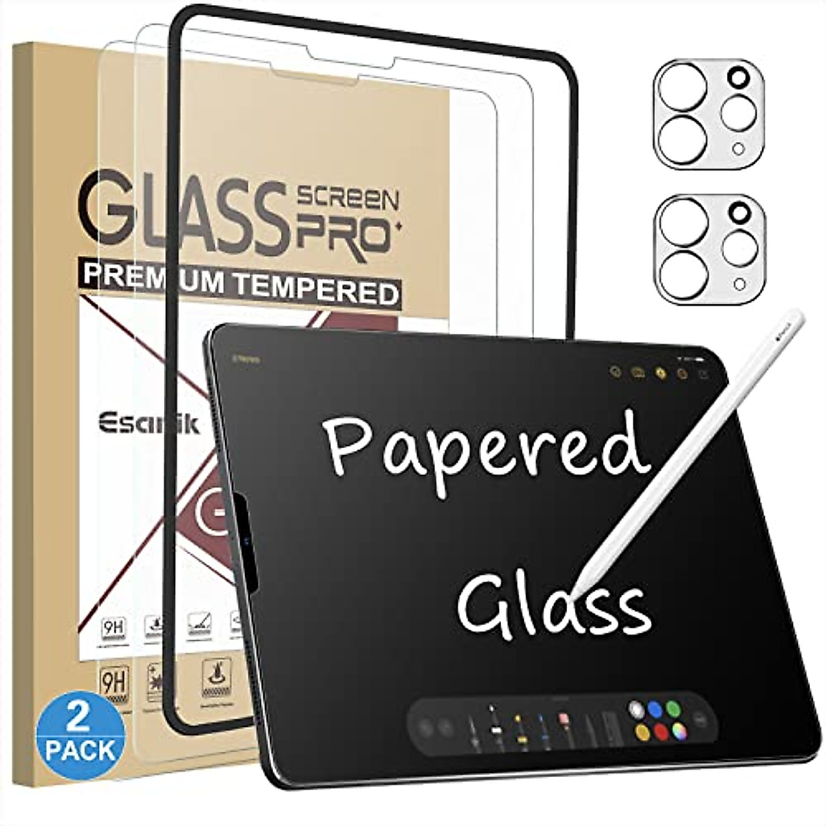 Esanik [2+2 Pack Like Paper Glass Screen Protector for iPad Pro 12.9 2022 6th & 2021 5th & 2020 4th with Camera Lens Protector & Alignment Frame, 9H Tempered Glass PAPERed Film for Drawing Writing